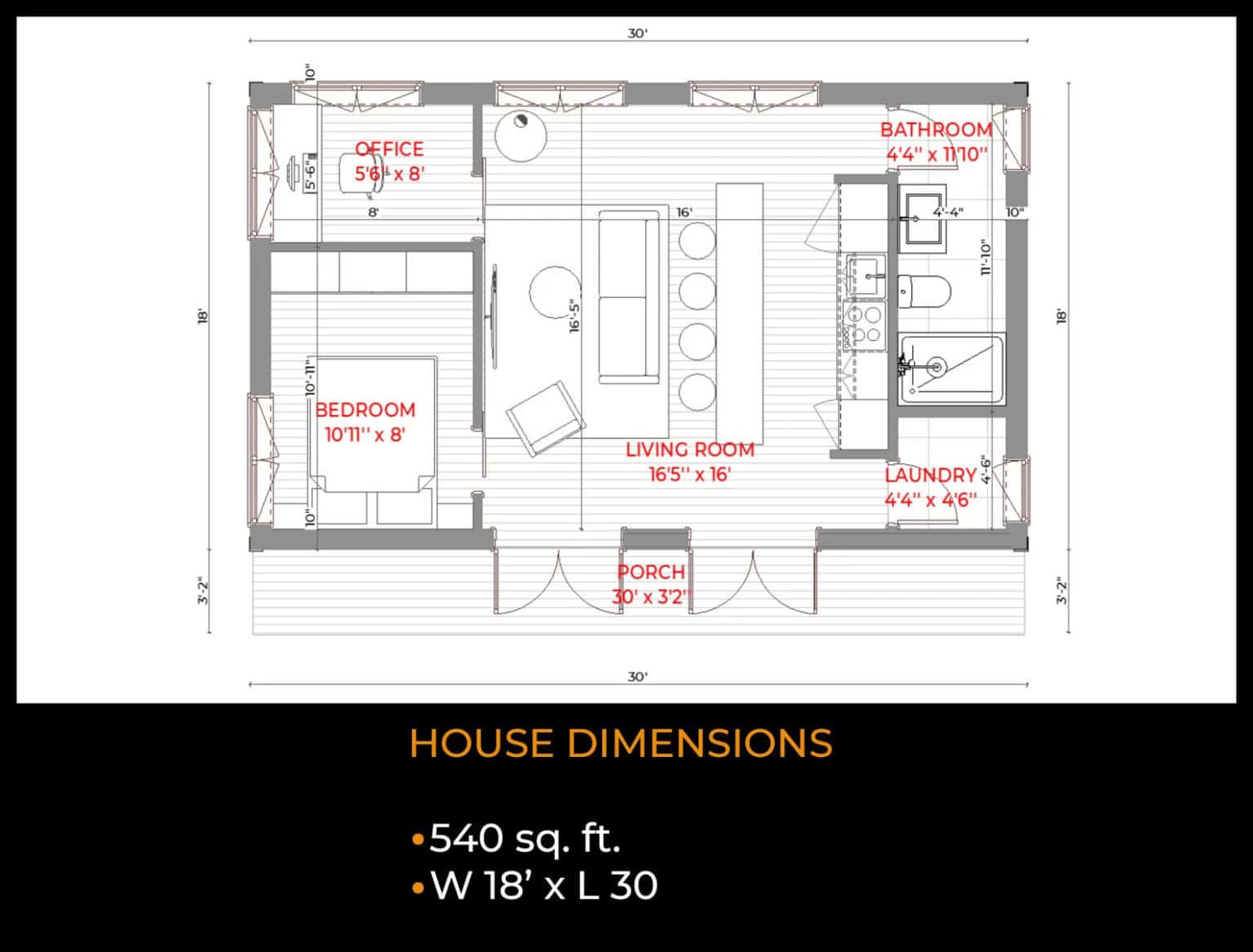 18×30 One Bedroom Cottage Plans
