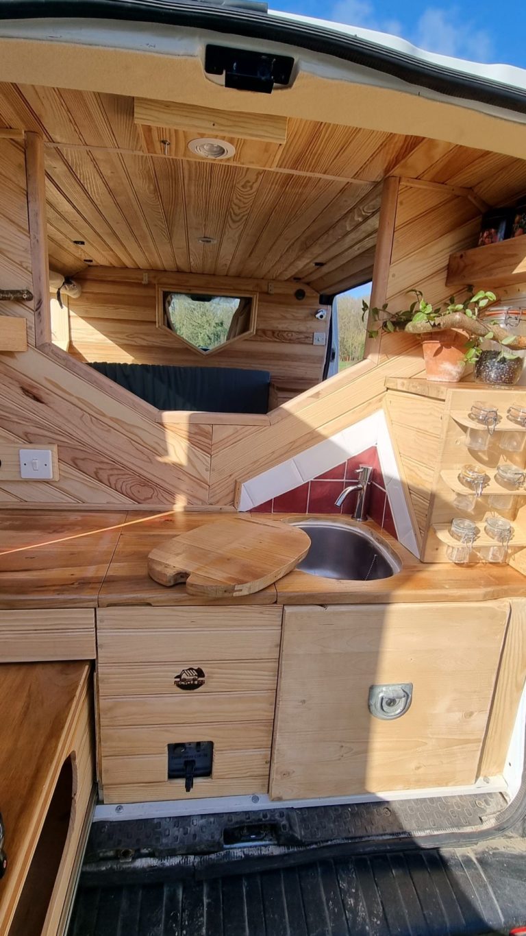 Amazing Rear Kitchen in Recycled Van Conversion