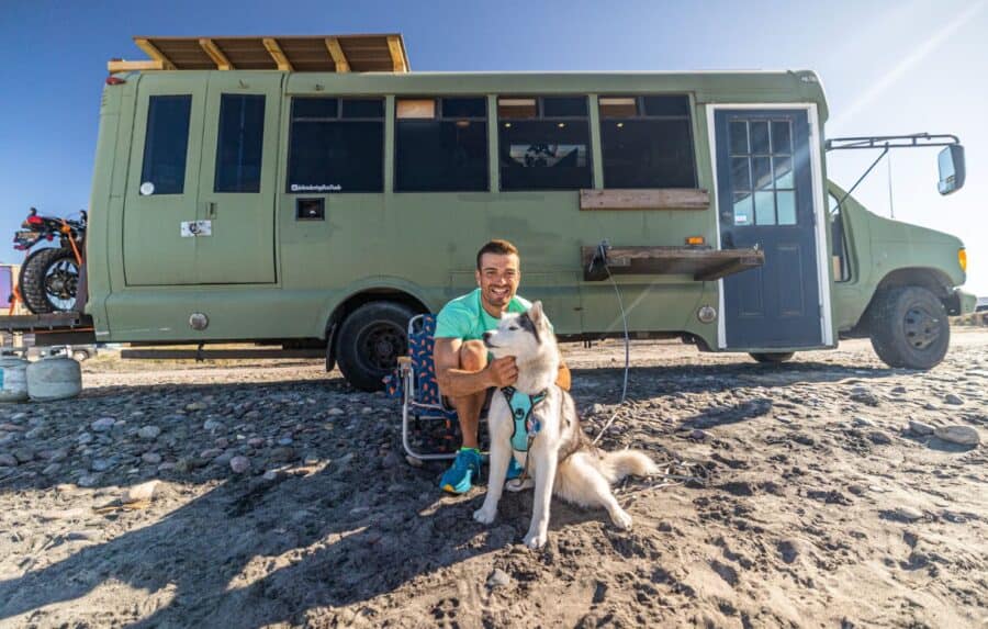 Living and Working from his Bus Tiny Home