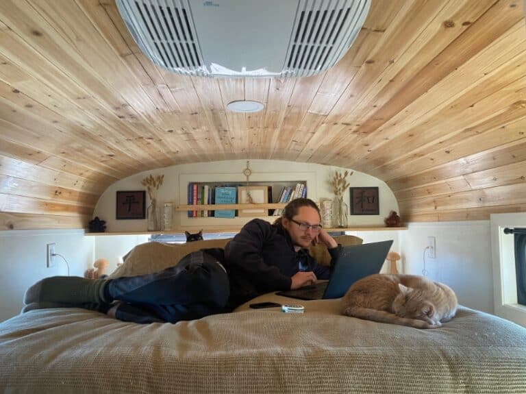 Traveling in their Vintage Bus Conversion