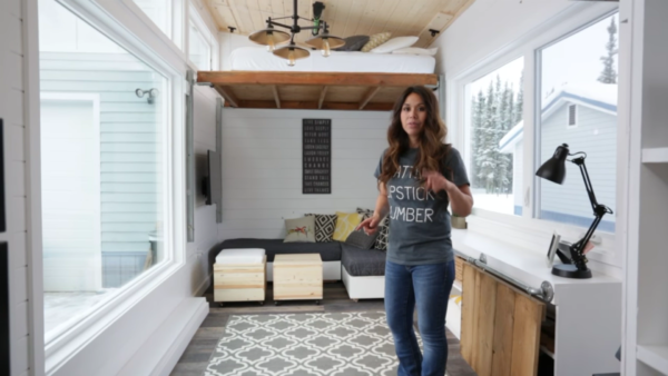 Open-Concept Tiny House with DIY Elevator Bed that Hides to Ceiling