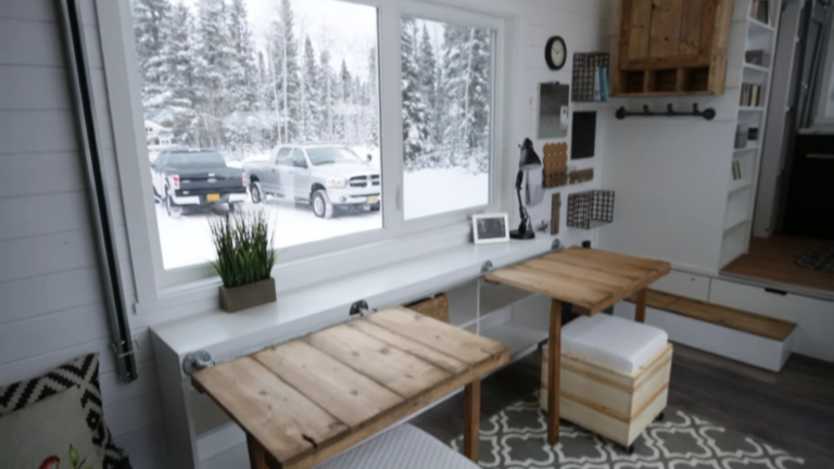Open-Concept Tiny House with DIY Elevator Bed that Hides to Ceiling