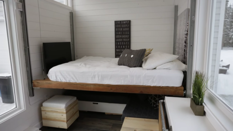 Open-Concept Tiny House with DIY Elevator Bed that Hides to Ceiling