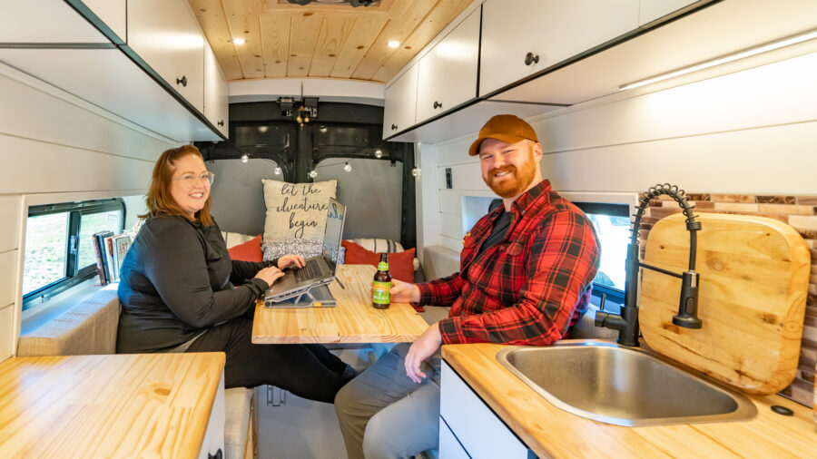This Van Conversion has a Wet Bath & Convertible Bed