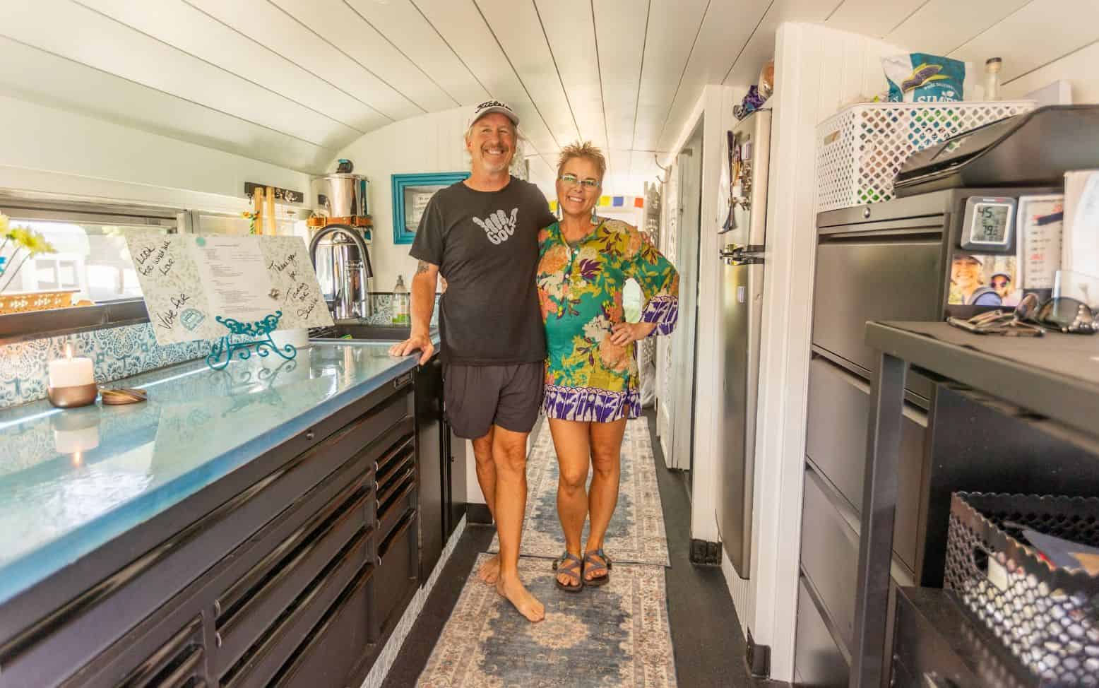 Artist-Designed $15K Skoolie Conversion With Stunning Blue Interior